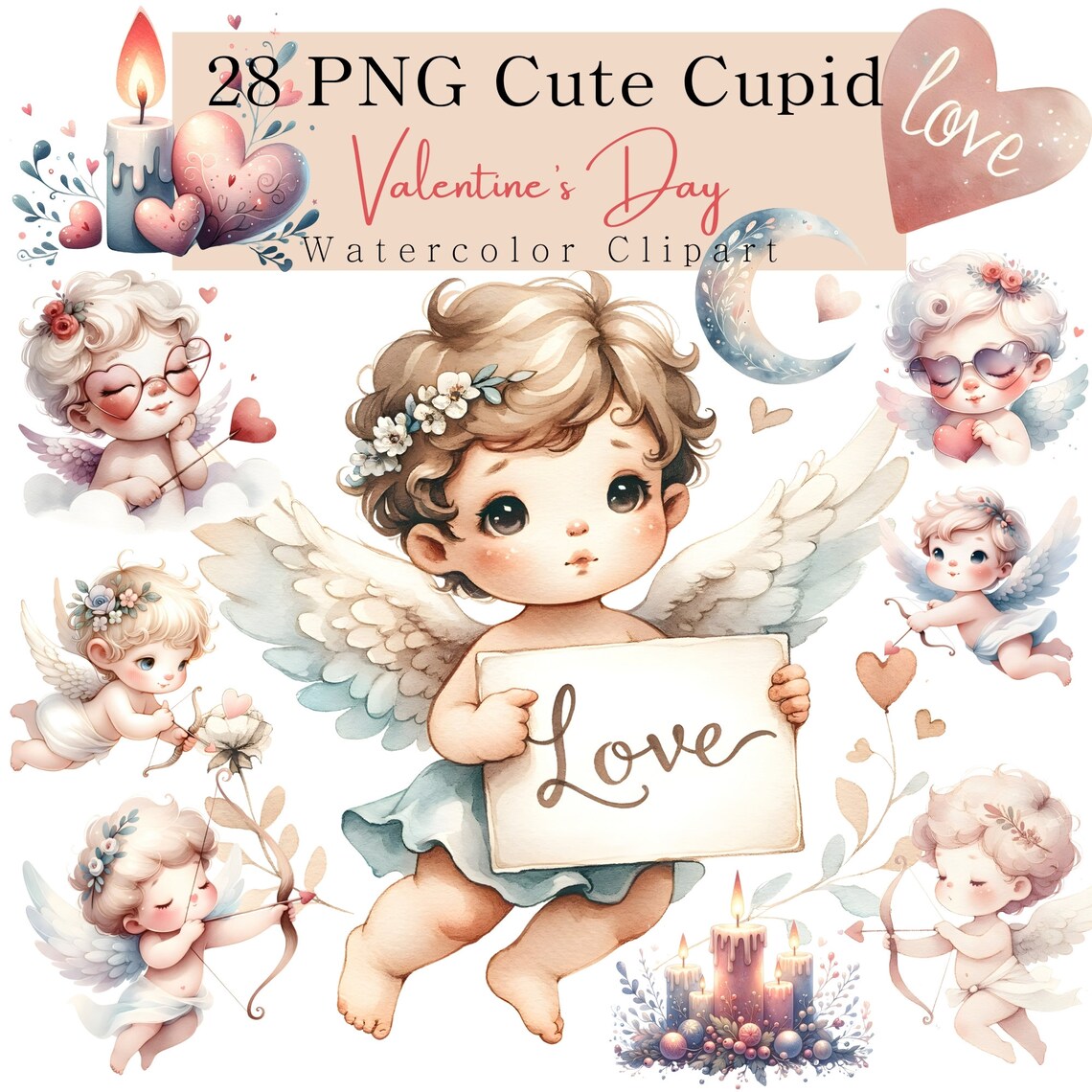 Cute Cupid Clipart Valentine, Valentine Watercolor Clipart, Valentines ...