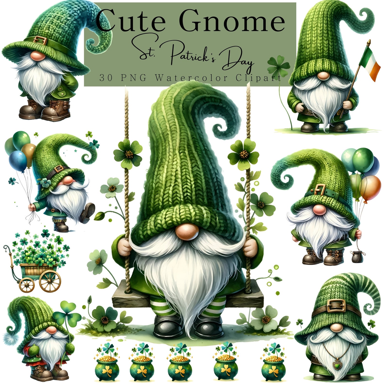 St Patricks Day Gnomes Clipart, Cute Shamrock Clipart, Watercolor ...