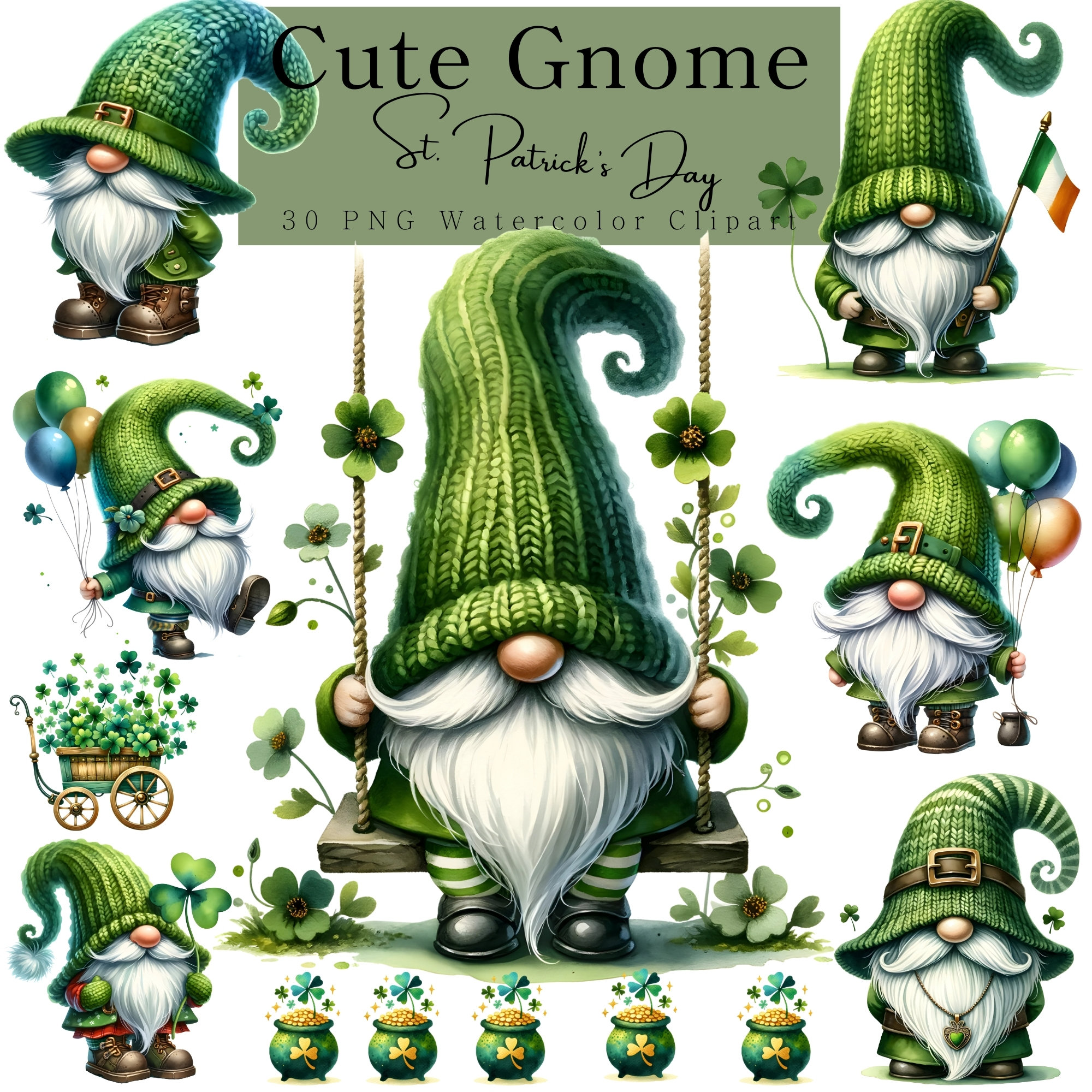St Patricks Day Gnomes Clipart, Cute Shamrock Clipart, Watercolor ...