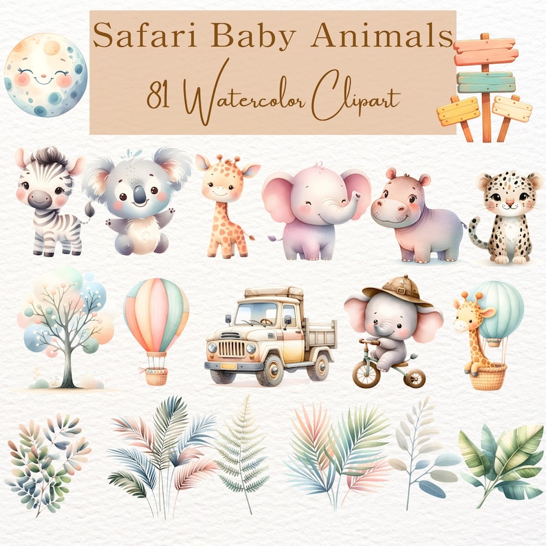 Safari Baby Animals Watercolor Clipart: Jungle PNG (digital Download ...