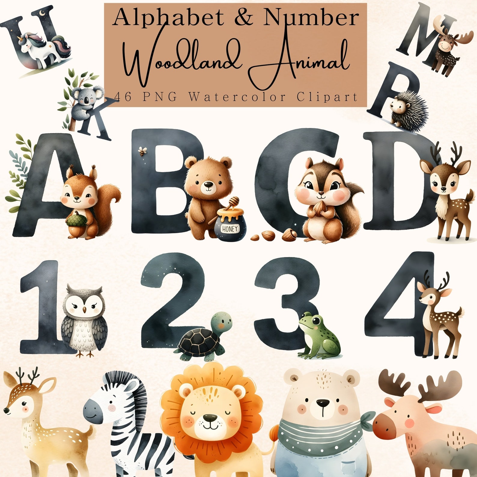 Woodland Animals Alphabet & Number Clipart - Digital Download ...