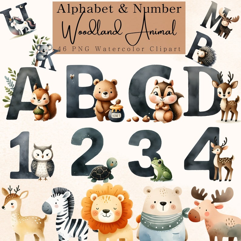 Woodland Animals Alphabet & Number Clipart - Digital Download ...