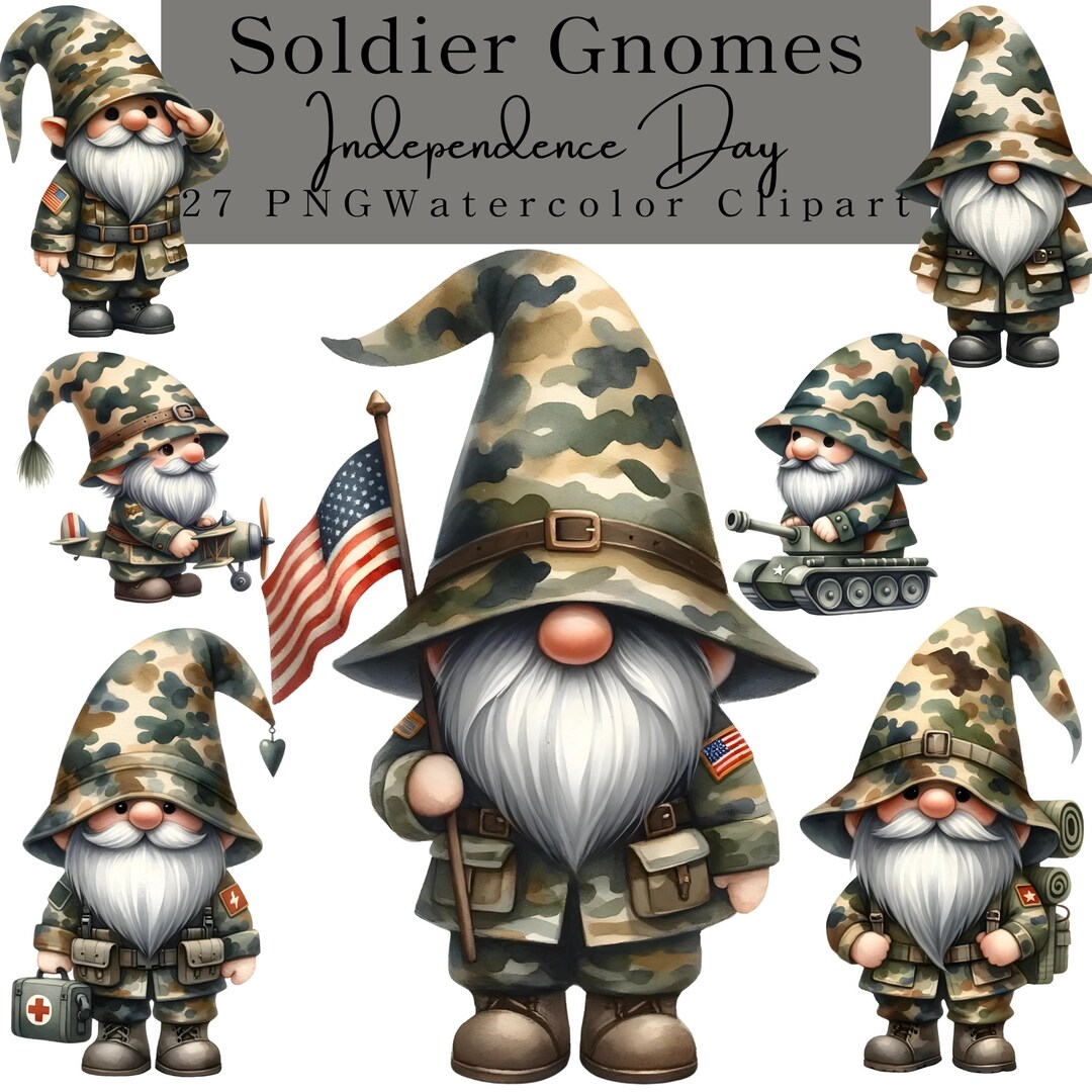 Patriotic Soldier Gnome Graphics, 4th of July Gnome Clipart, Watercolor ...