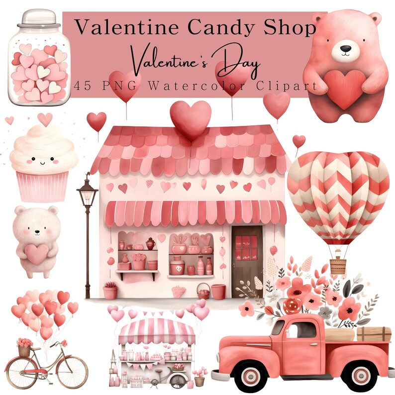 Valentine Shop Clipart, Valentine Candy PNG, Teddy Bear Love PNG, Heart ...