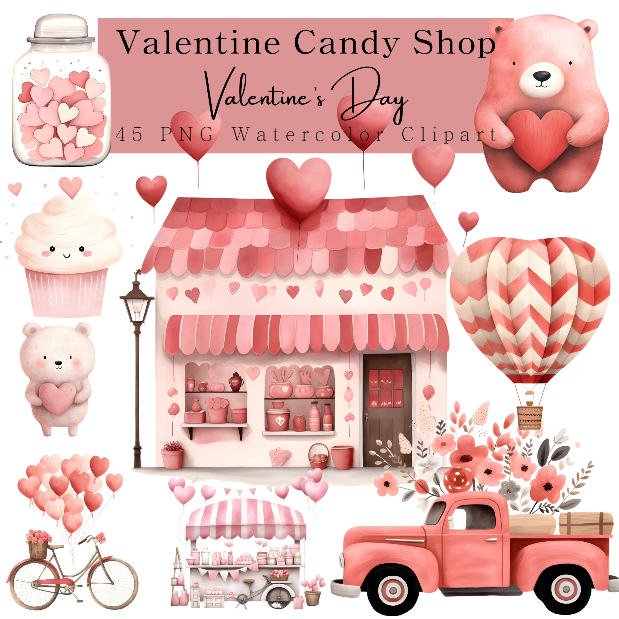 Valentine Shop Clipart, Valentine Candy PNG, Teddy Bear Love PNG, Heart ...