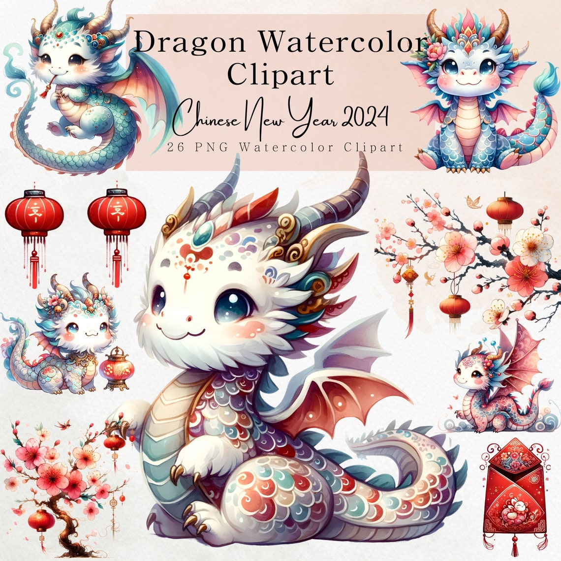 Cute Dragon Clipart, Dragon Kids, Dragon Watercolor Clipart, Blossoms ...
