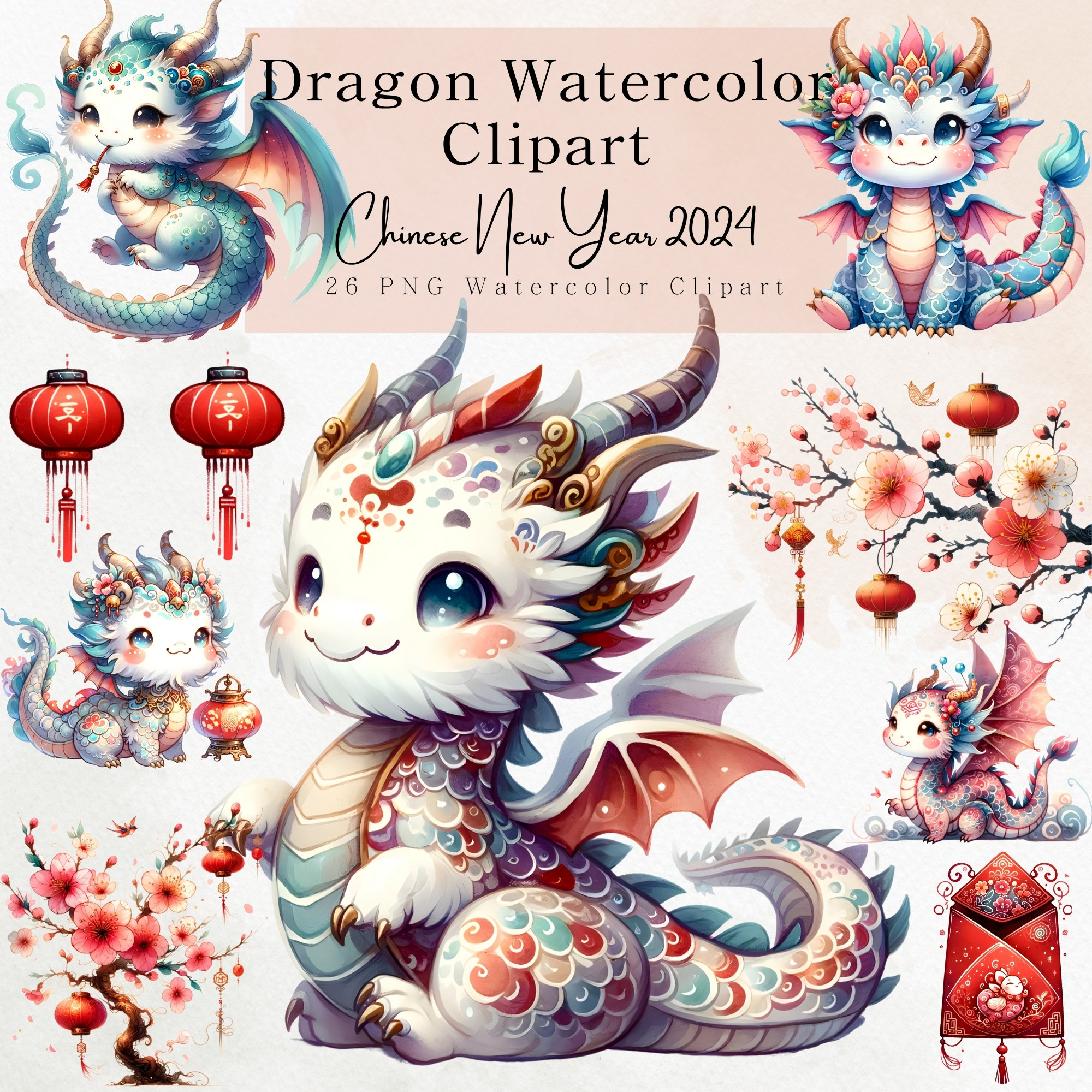 Cute Dragon Clipart, Dragon Kids, Dragon Watercolor Clipart, Blossoms ...
