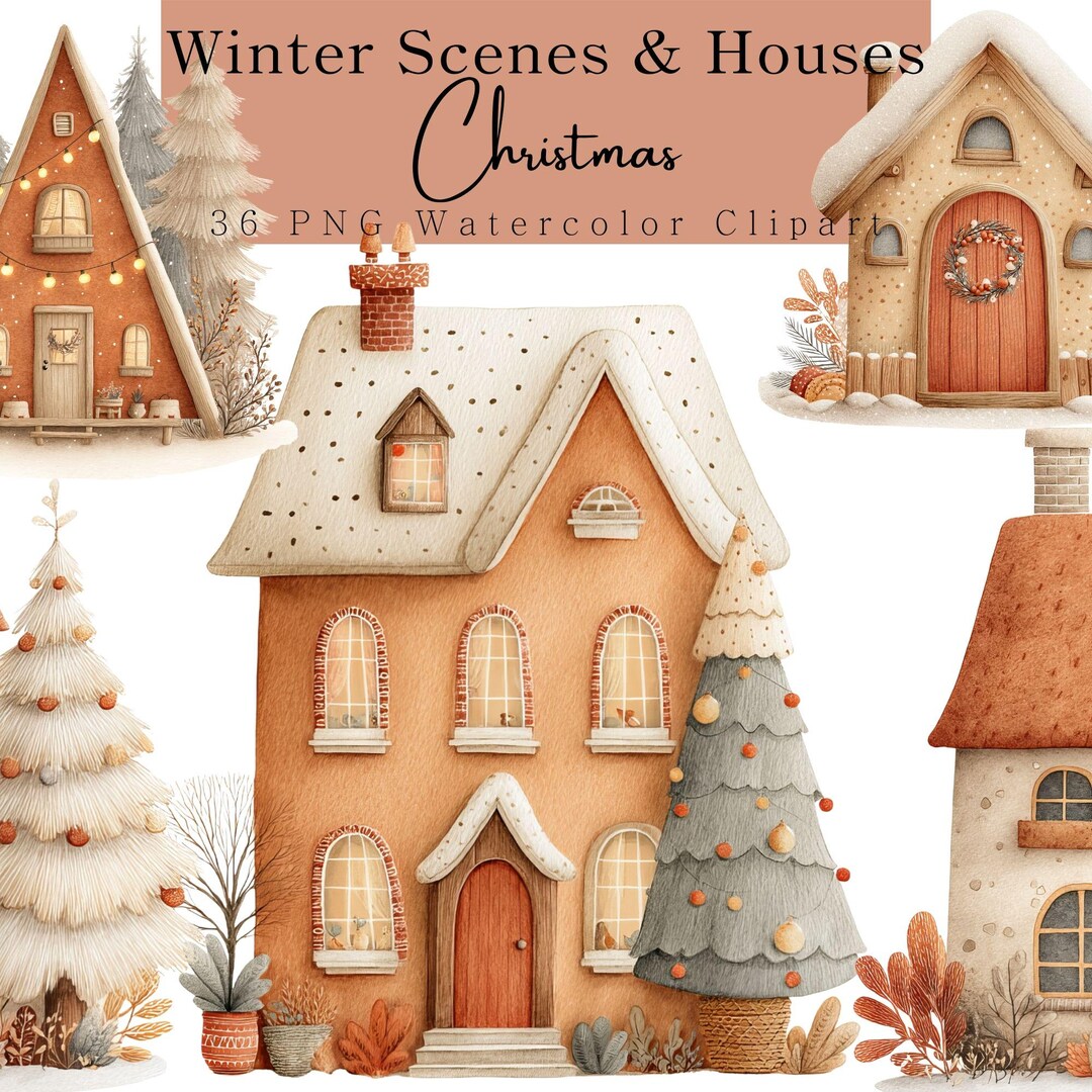 Watercolor Winter Village Clipart PNG: Snowy Houses, Christmas Scenes ...