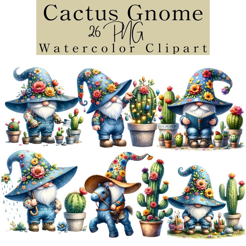 Cactus Gnome Watercolor Clipart, Garden Gnome Digital Art, Printable ...