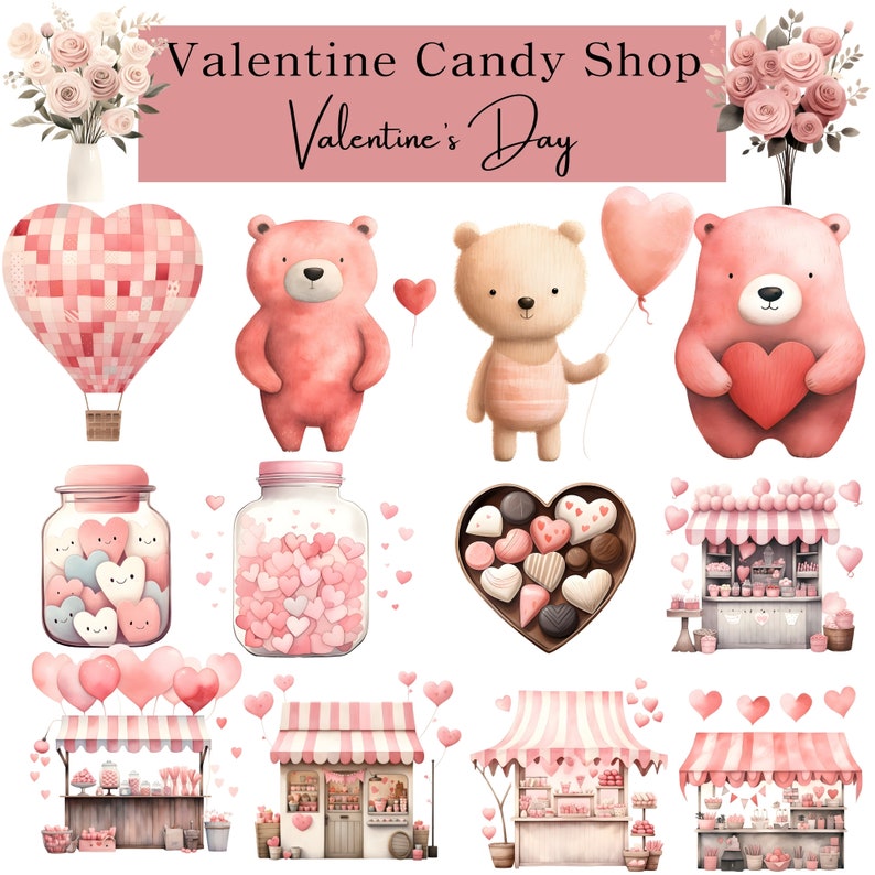 Valentine Shop Clipart, Valentine Candy PNG, Teddy Bear Love PNG, Heart ...