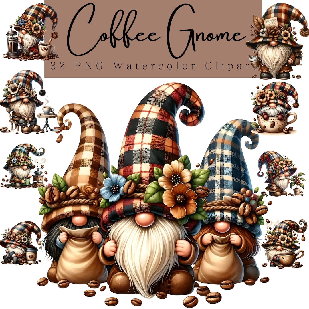 Coffee Gnome Clipart: Watercolor Gnomes Home Decor, Shop Decor (digital ...