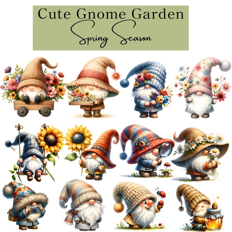 Garden Gnome Watercolor Clipart, Cute Gnomes Digital Art, Printable ...