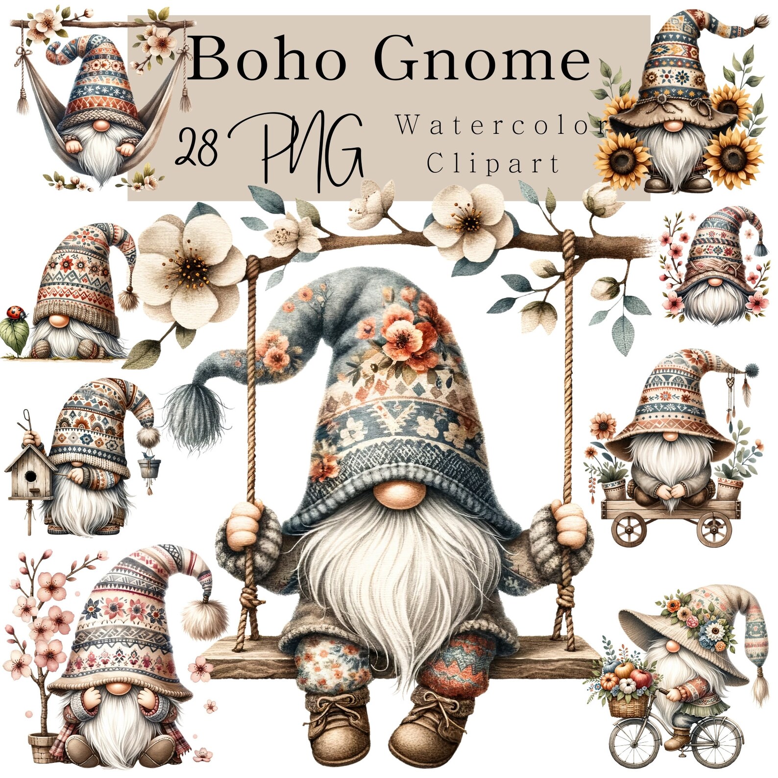 Boho Gnome Garden Clipart, Spring Watercolor Digital Download, Floral ...