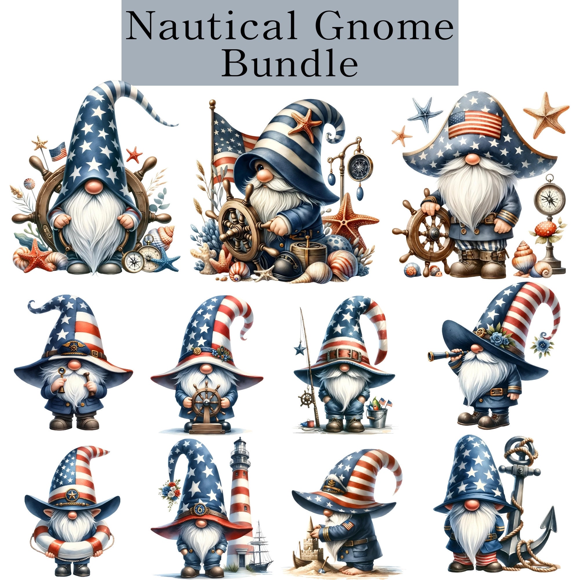 Nautical Gnome Watercolor Clipart, Digital Download, Sea-themed Gnome ...