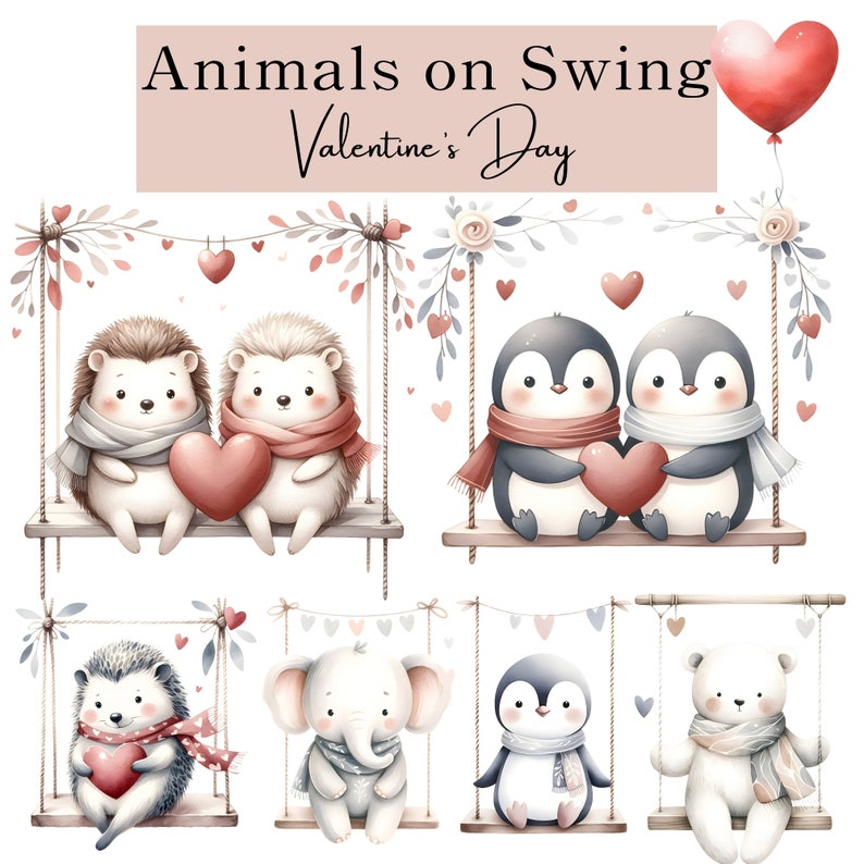 Valentines Animals on Swings Collection Clipart, Animal Watercolor PNG ...