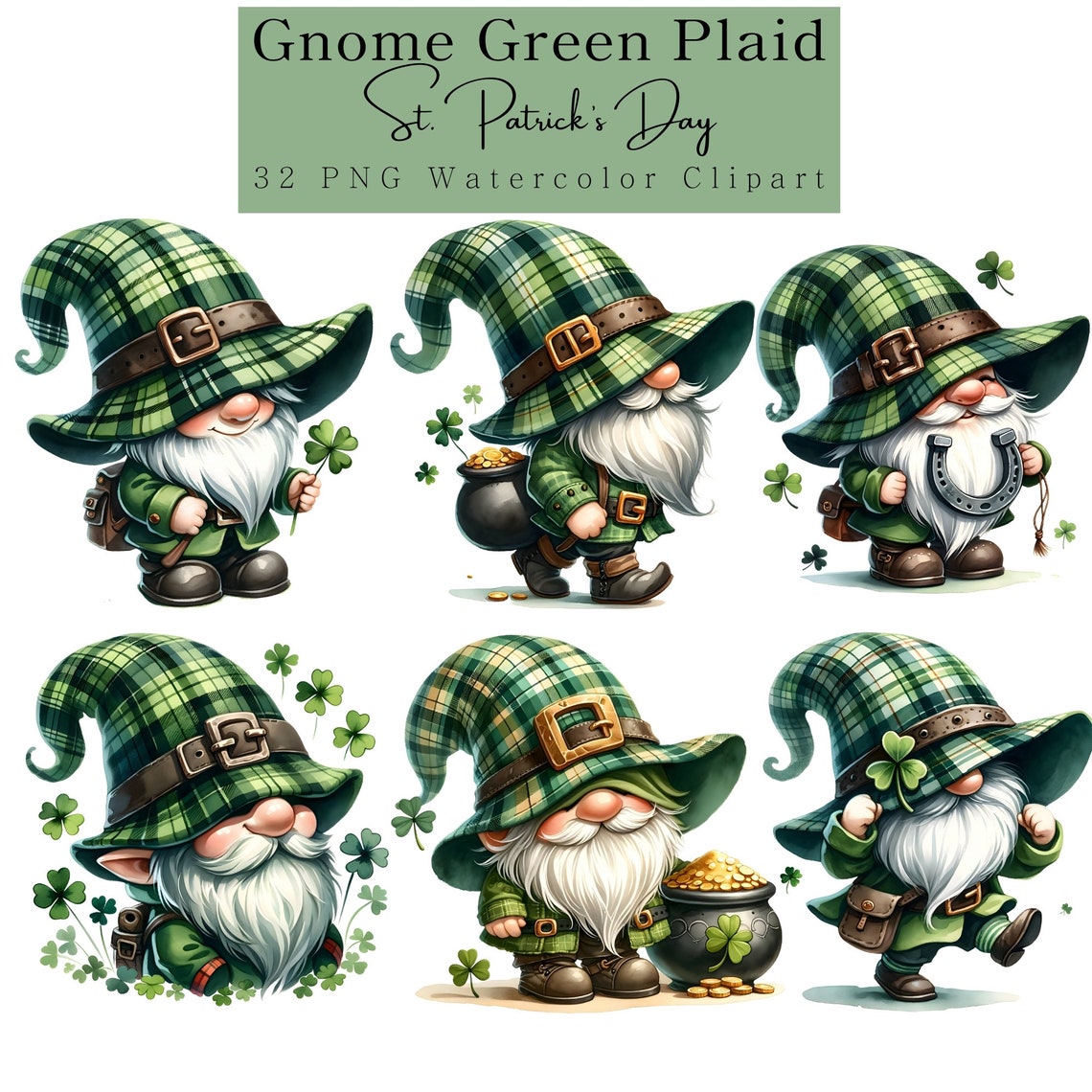 St Patricks Day Gnomes Clipart, Cute Shamrock Clipart, Watercolor ...