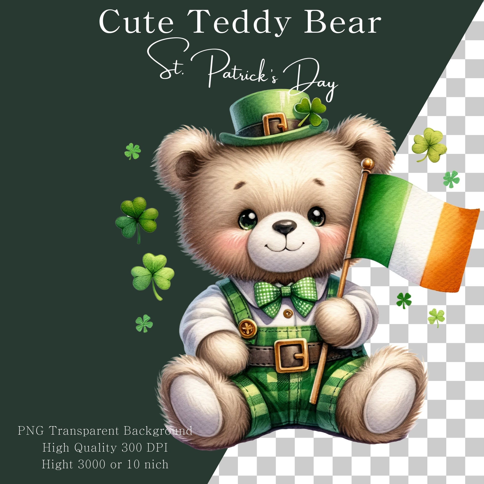 St. Patrick's Day Teddy Bear Clipart, Shamrock Clipart, Watercolor ...