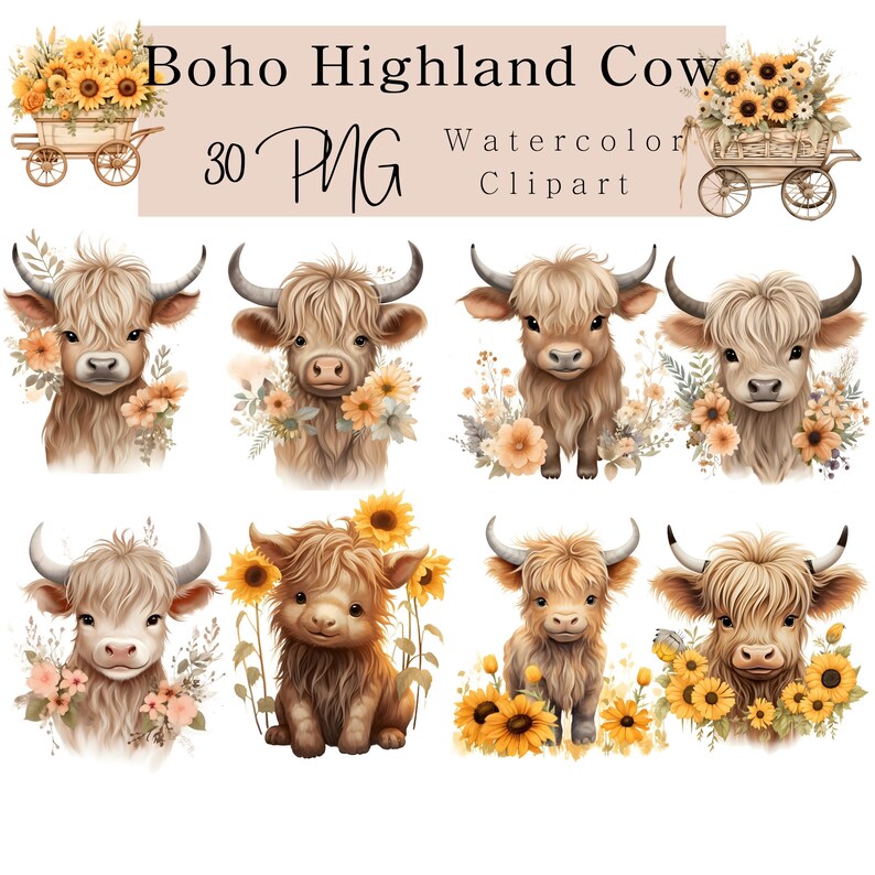 Boho Baby Highland Cow Clipart, Watercolor Nursery Animal Art, Digital ...