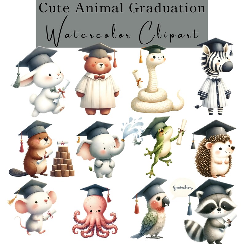 Cute Animal Graduation Clipart, Watercolor Nursery Decor for Preschool ...