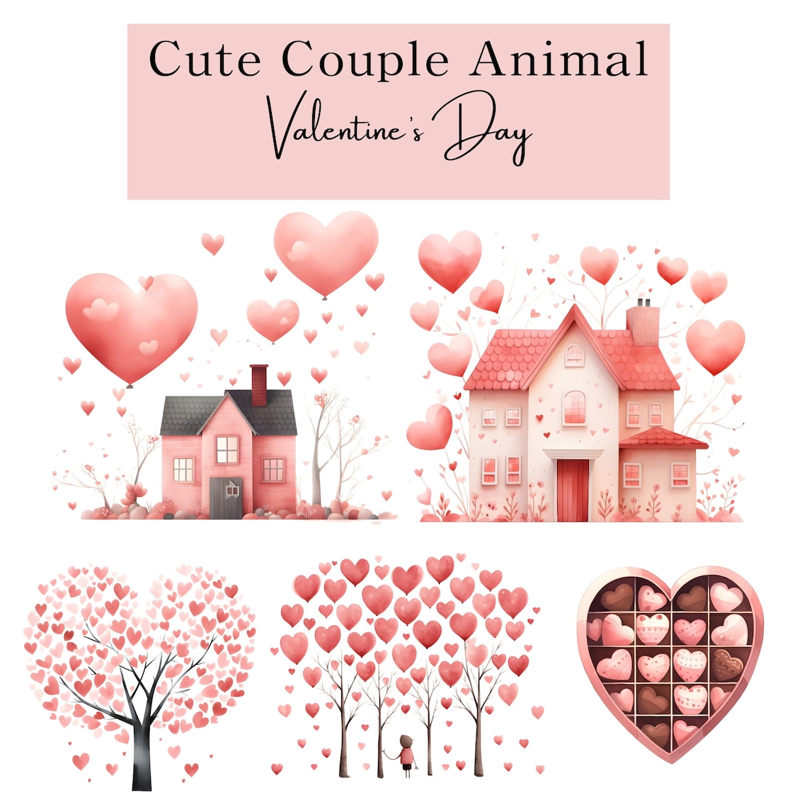 Animal Couple Clipart, Animal Watercolor Clipart, Animal Valentine PNG ...