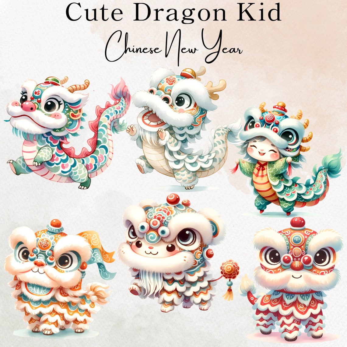 Cute Dragon Clipart, Dragon Kids, Dragon Watercolor Clipart, Lion Dance ...