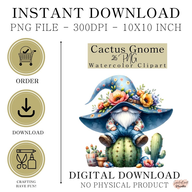 Cactus Gnome Watercolor Clipart, Garden Gnome Digital Art, Printable ...
