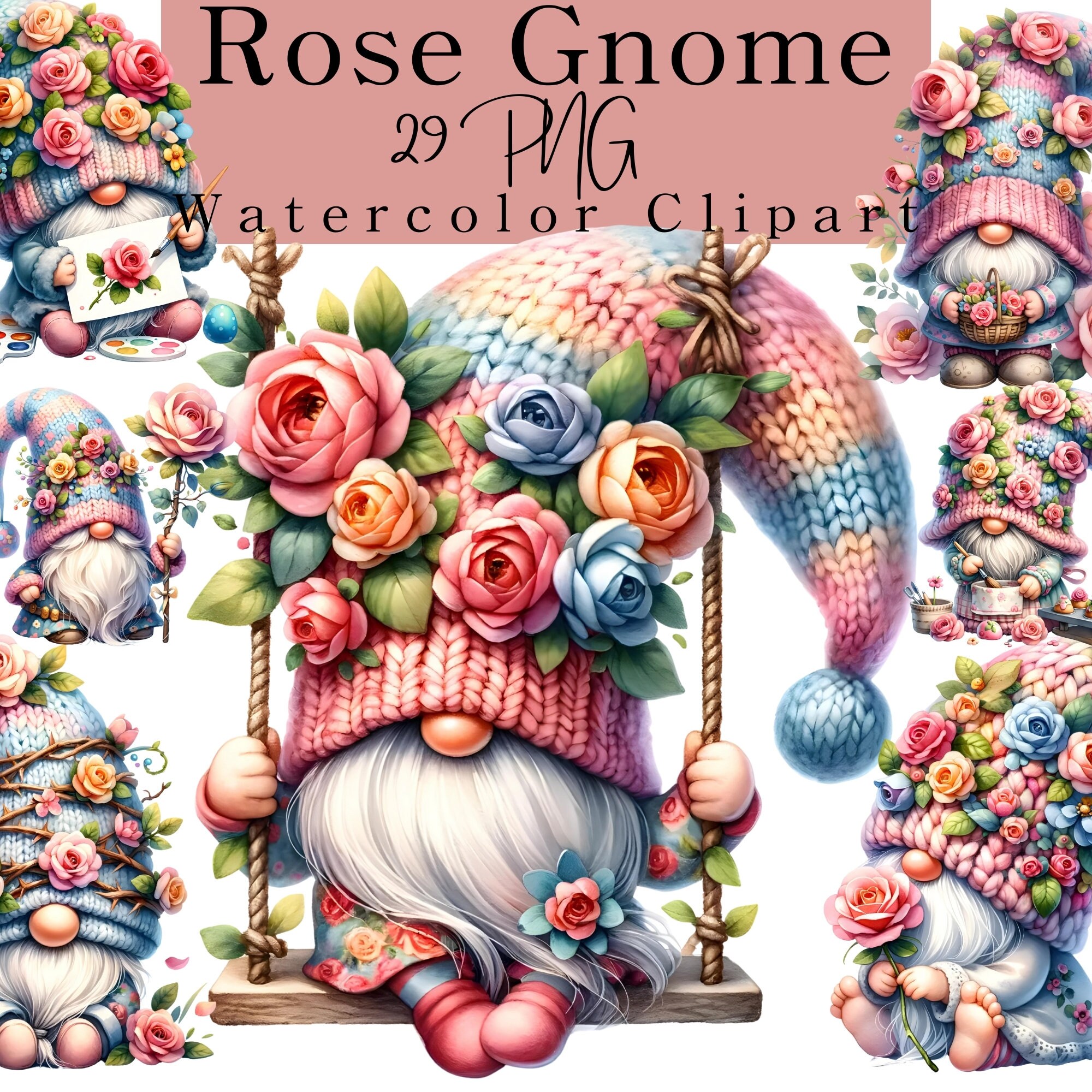 Rose Garden Gnome Clipart, Watercolor Easter, Spring Season Digital Art ...