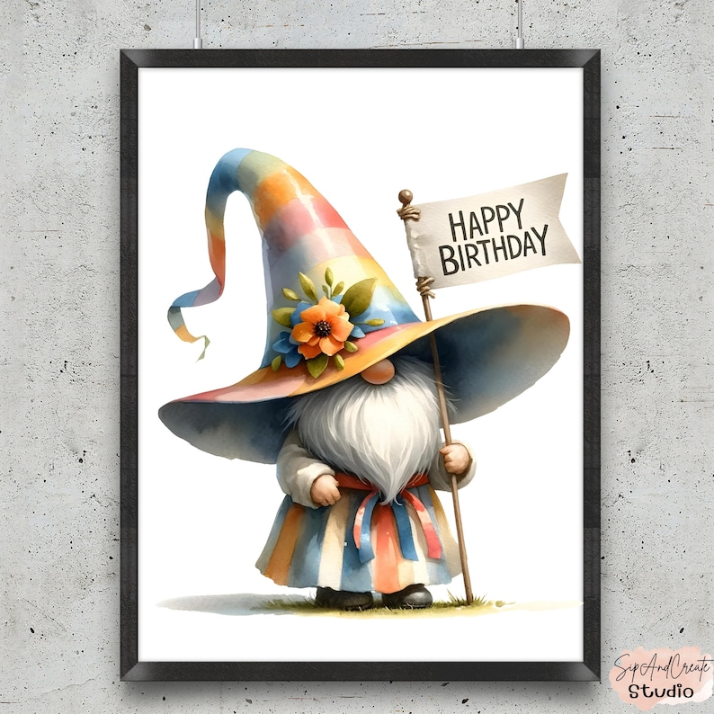 Watercolor Gnome Birthday Clipart PNG: Party Decoration for Kids ...