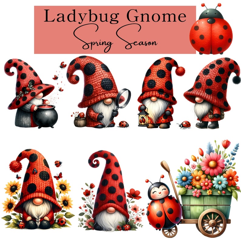 Ladybug Gnome Watercolor Clipart, Ladybug Gnome PNG Bundle, Charming ...