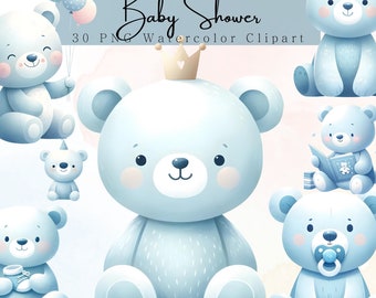 Teddy Bear Baby Boy Clipart | Blue Watercolor Digital Download | Baby ...