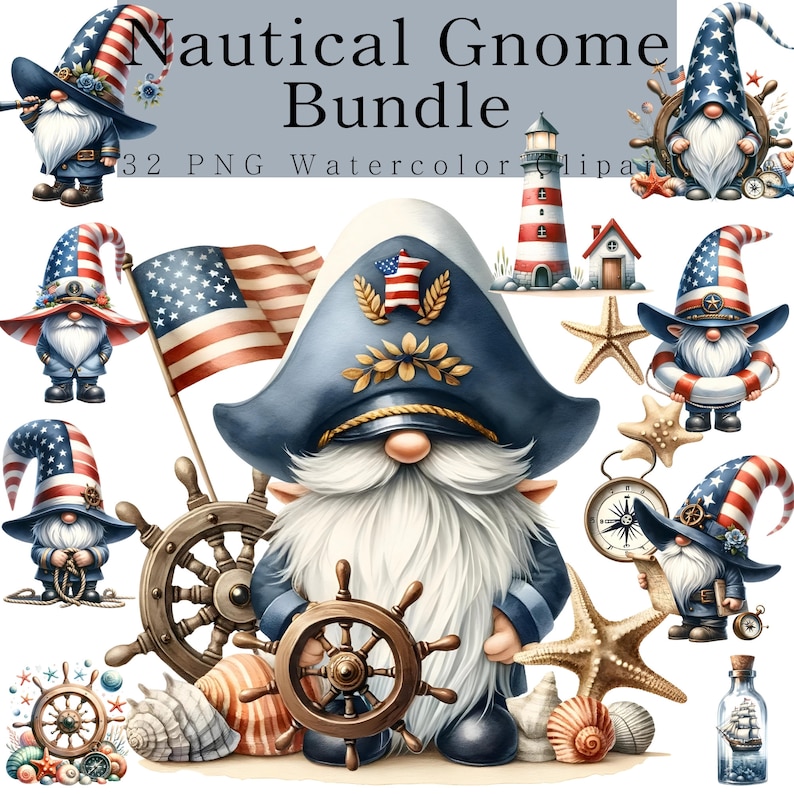 Nautical Gnome Watercolor Clipart, Digital Download, Sea-themed Gnome ...