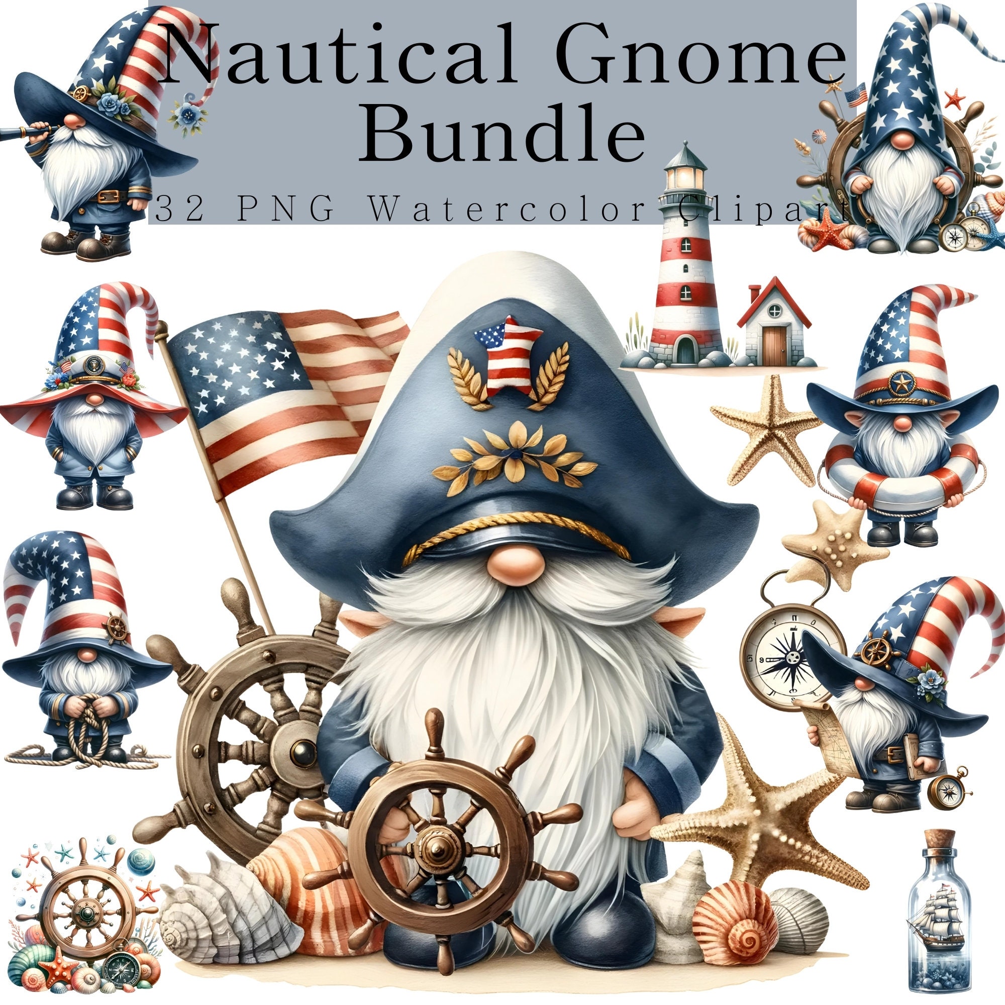 Nautical Gnome Watercolor Clipart, Digital Download, Sea-themed Gnome ...