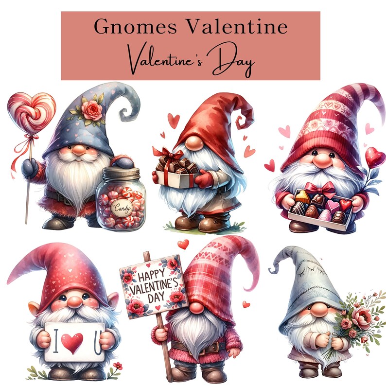 Gnome Valentine, Cute Gnome Clipart, Gnome Watercolor Clipart ...