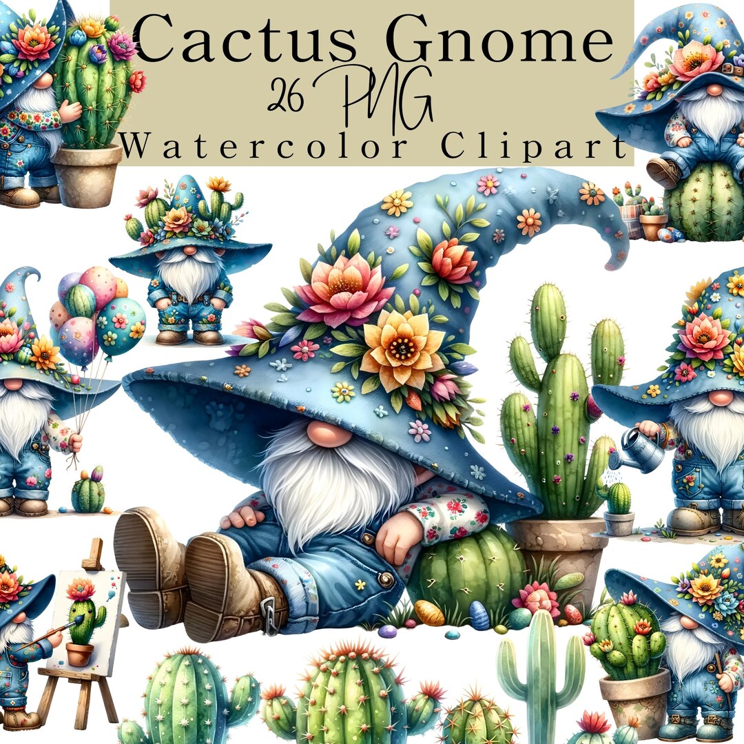 Cactus Gnome Watercolor Clipart: Garden Art PNG for Crafts Decor ...