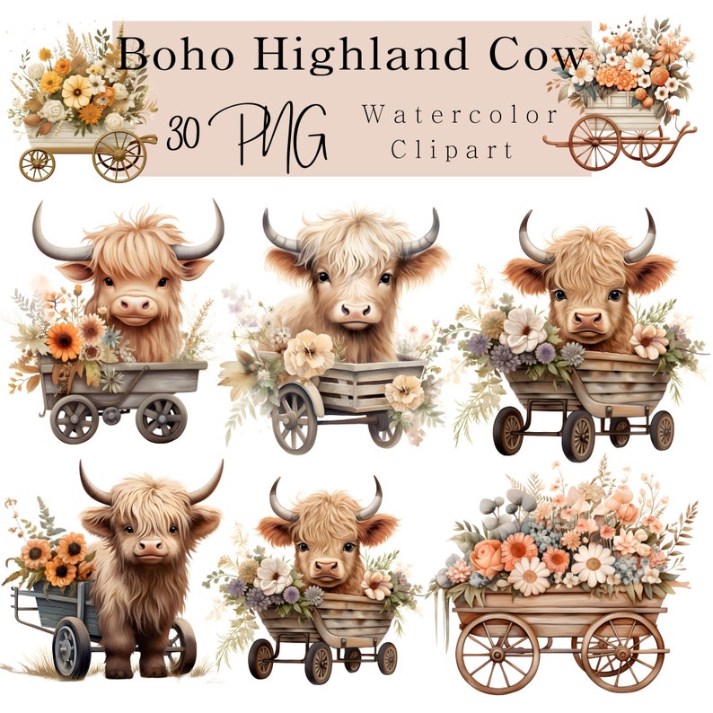 Boho Baby Highland Cow Clipart, Watercolor Nursery Animal Art, Digital ...