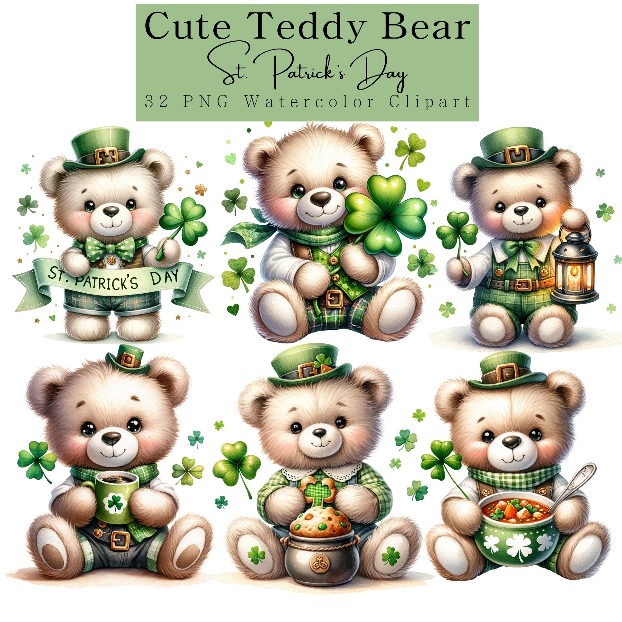 St. Patrick's Day Teddy Bear Clipart, Shamrock Clipart, Watercolor Clipart, Kid ,irish, Cute ...