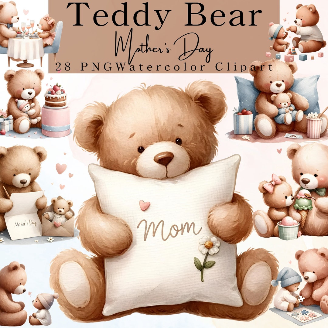 Mother's Day Teddy Bear Clipart: Watercolor Bear PNG for Crafting ...