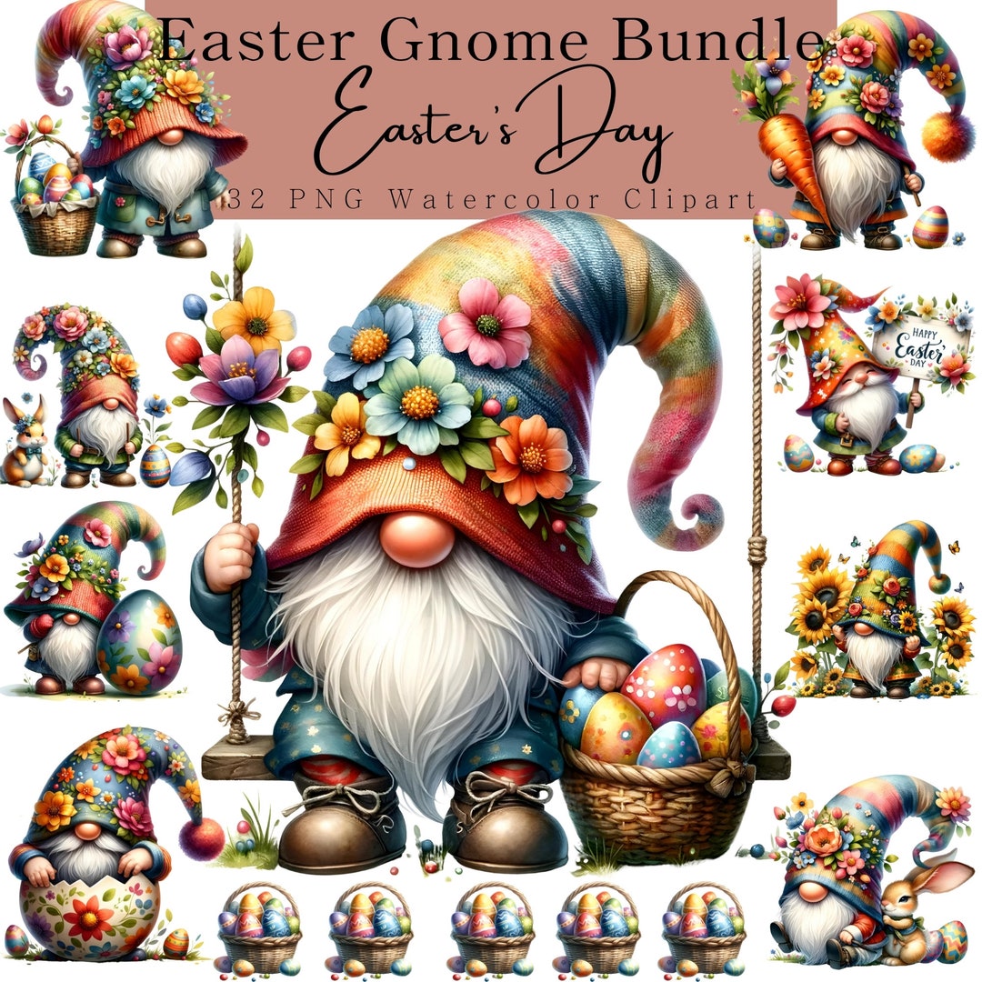Easter Gnome Clipart Bundle: Watercolor Spring Flowers Decor Art ...