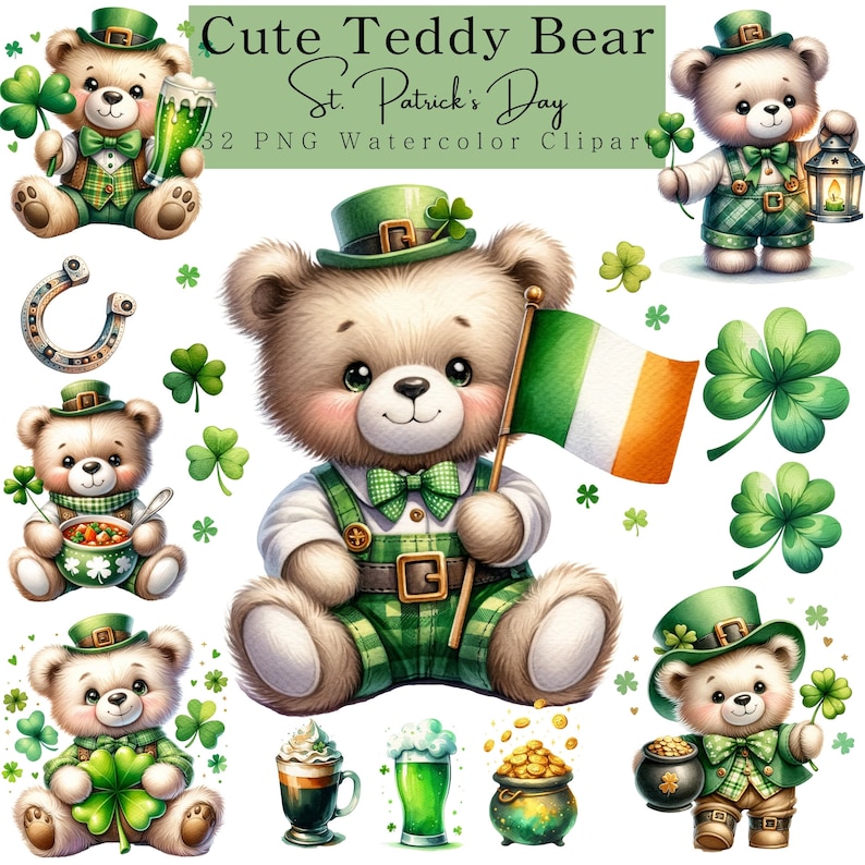 St. Patrick's Day Teddy Bear Clipart, Shamrock Clipart, Watercolor ...