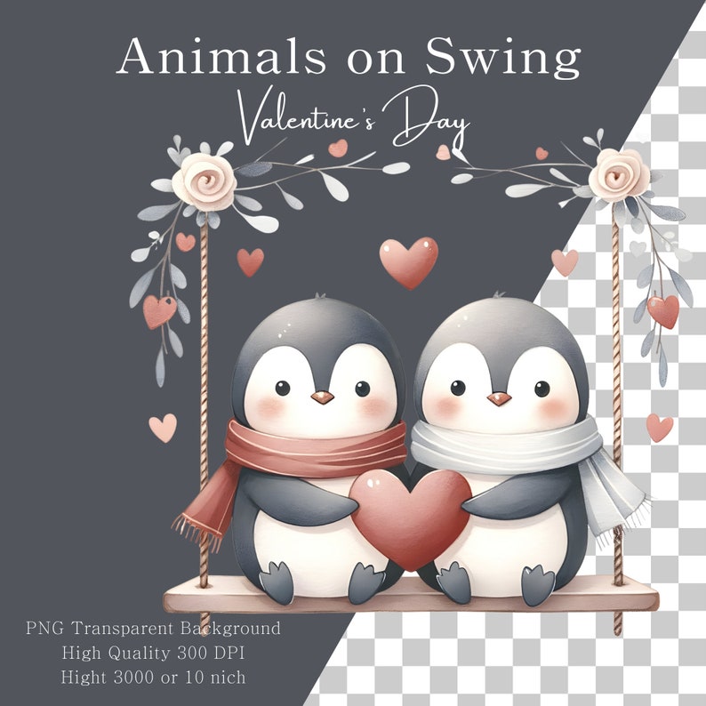 Valentines Animals on Swings Collection Clipart, Animal Watercolor PNG ...