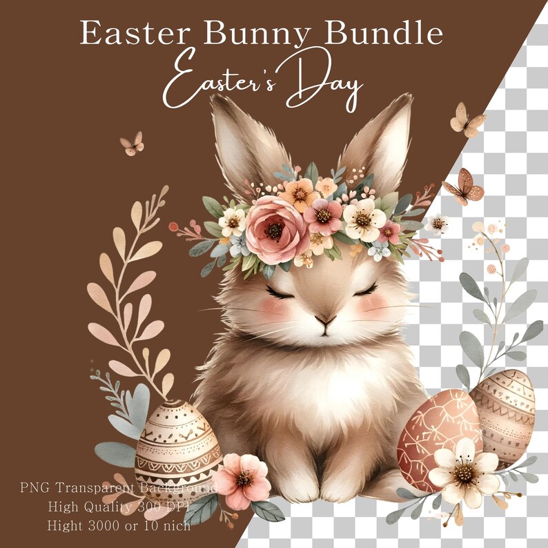 Boho Easter Bunny Clipart Bundle, Watercolor Rabbit & Floral Elements ...
