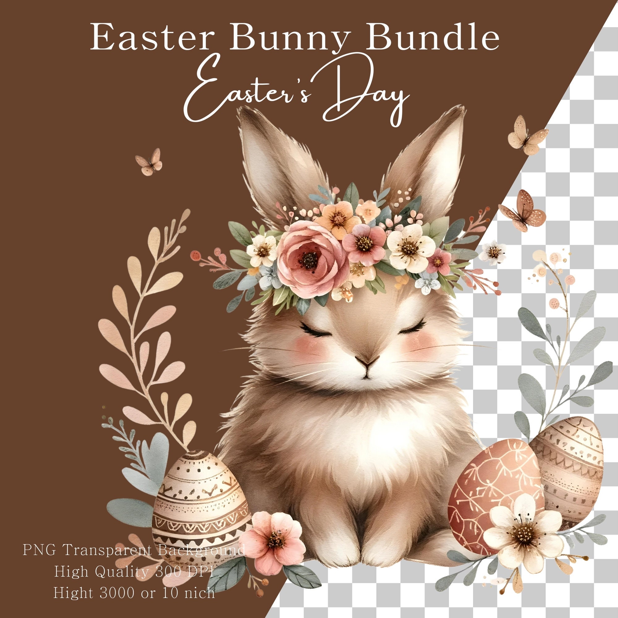 Boho Easter Bunny Clipart Bundle, Watercolor Rabbit & Floral Elements ...