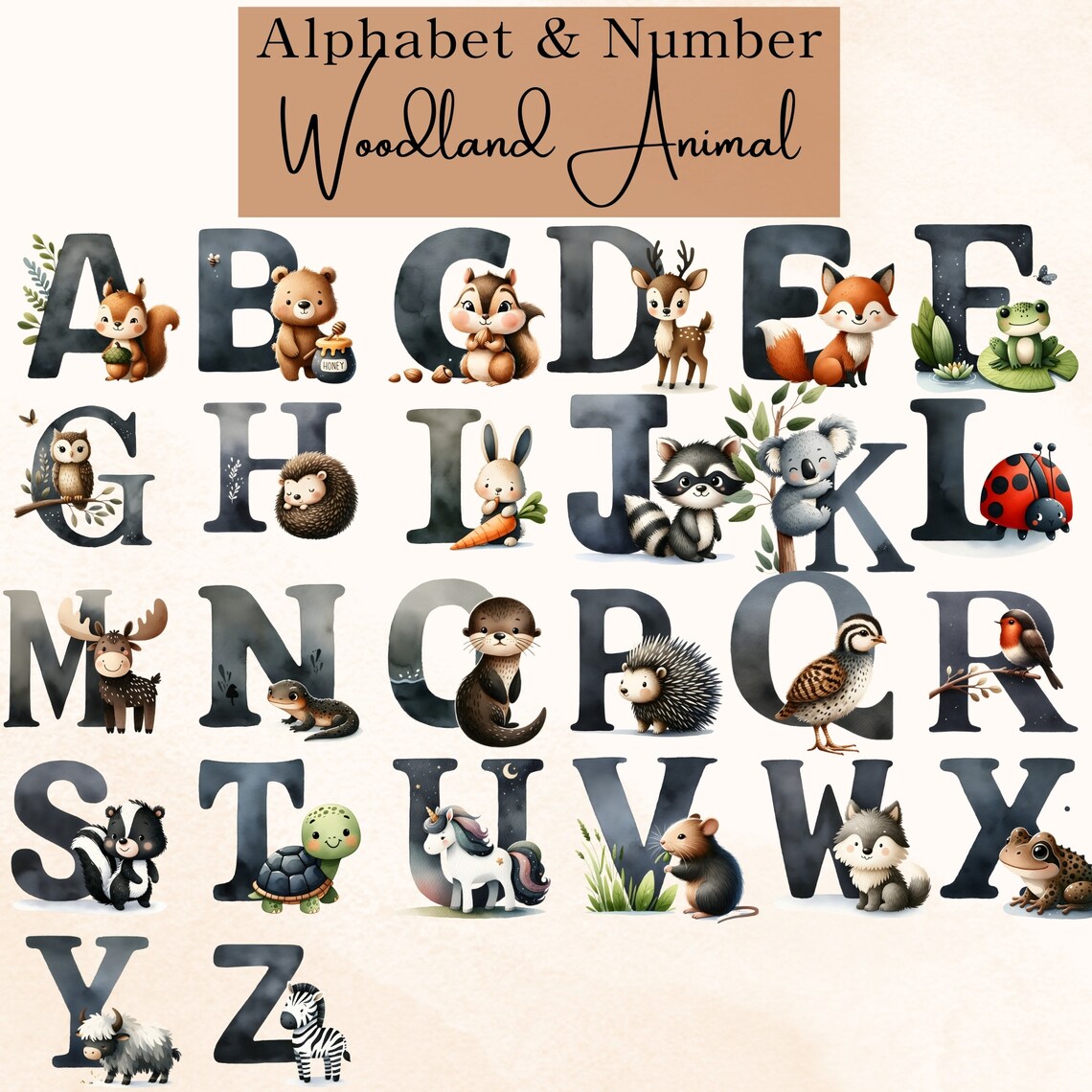 Woodland Animals Alphabet & Number Clipart Digital Download ...
