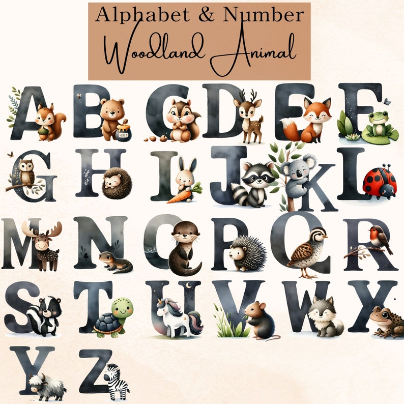 Woodland Animals Alphabet & Number Clipart - Digital Download ...