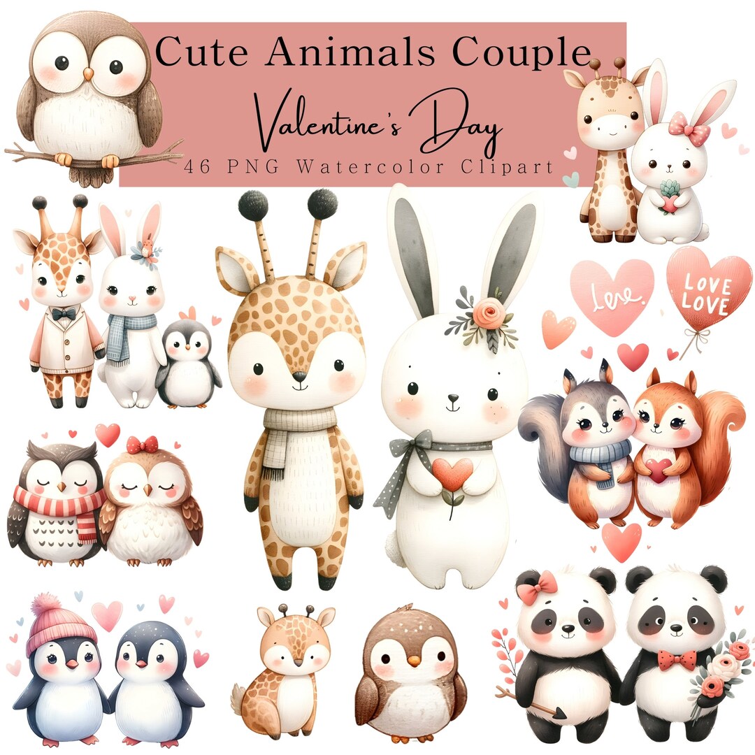 Cute Animals Valentine, Animal Watercolor Clipart, Animal Couple ...