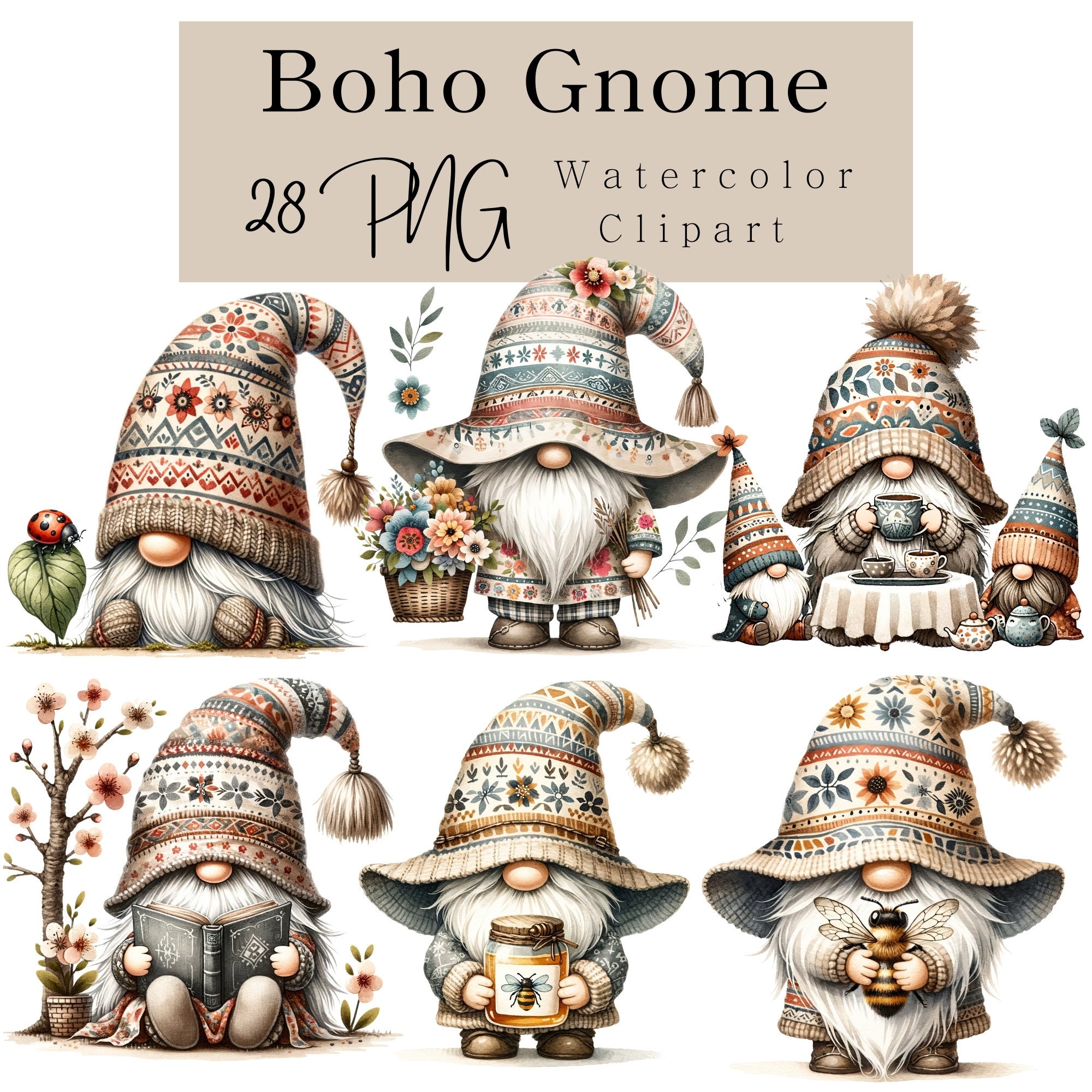 Boho Gnome Garden Clipart, Spring Watercolor Digital Download, Floral ...