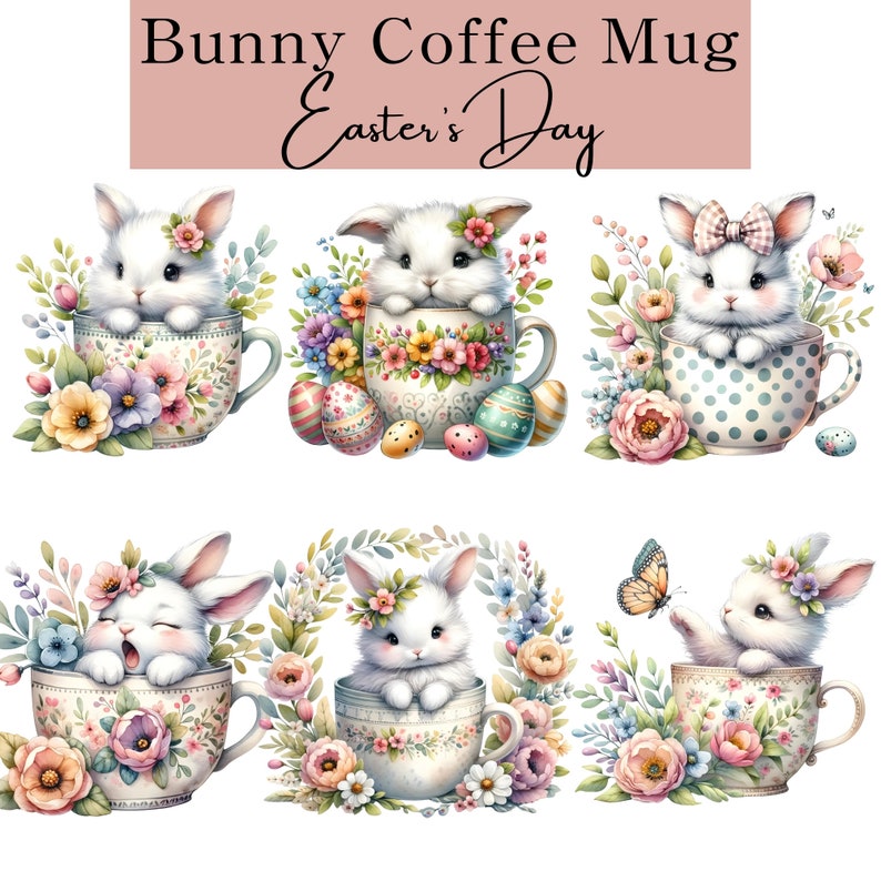 Easter Bunny Coffee Mug Clipart, Rabbit Watercolor Clipart, Garden ...