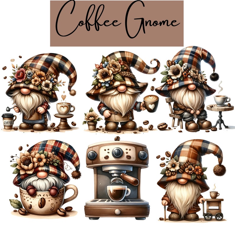 Coffee Gnome Clipart: Watercolor Gnomes Home Decor, Shop Decor (digital ...