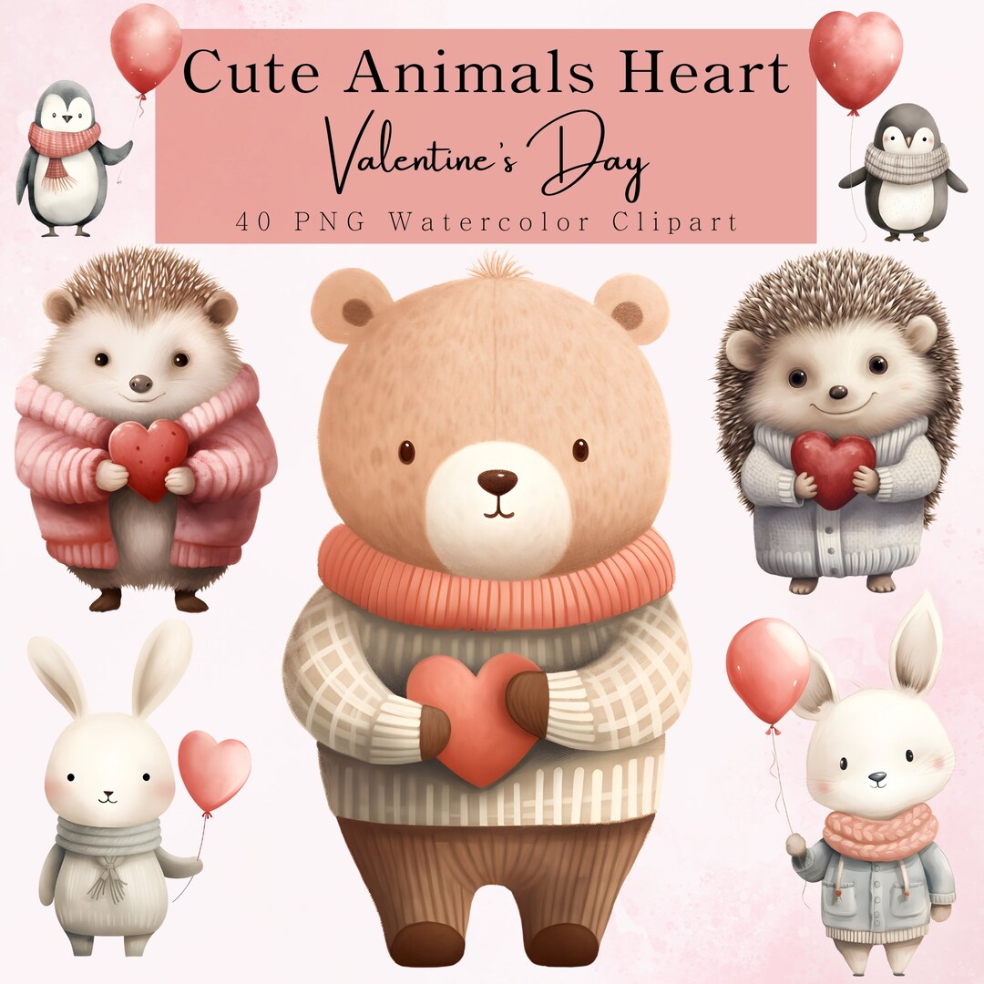 Watercolor Woodland Animal Clipart: Valentine's Day PNG (digital ...
