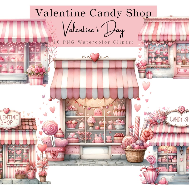 Valentine Candy Shop Watercolor Clipart: Heart Love PNG (digital ...